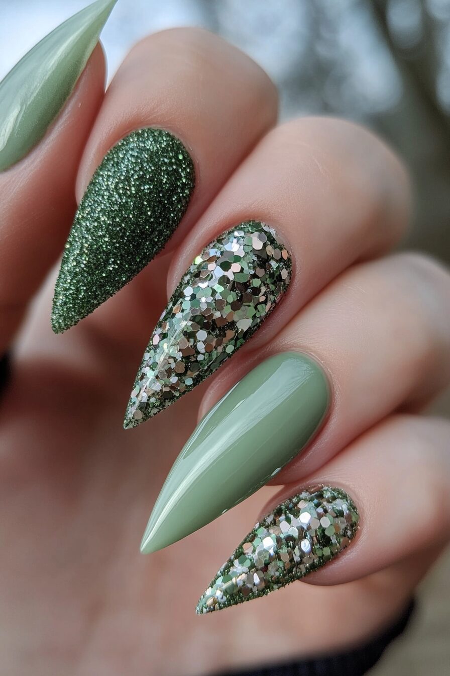 Mesmerizing Sage Green And Glitter Nail Designs That Will Make Everyone